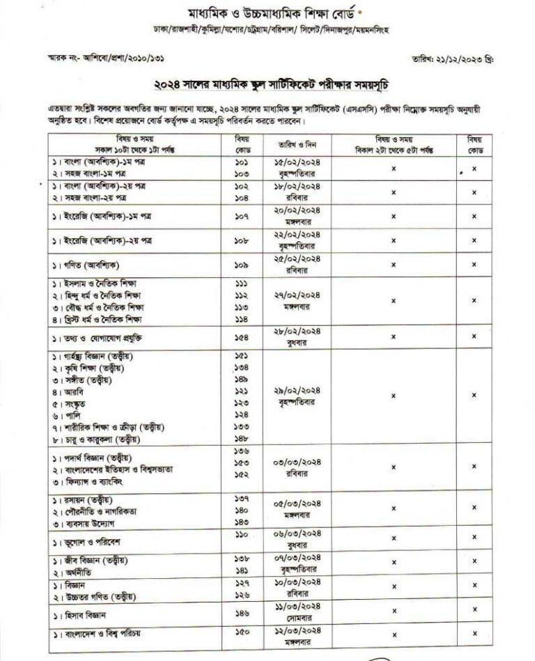 SSC Routine 2024 PDF Download (সকল বোর্ডের এসএসসি রুটিন) - SSC Result BD